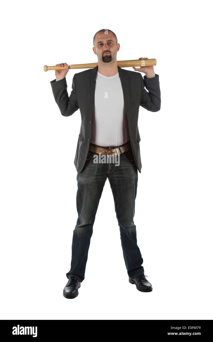 Angry looking man with bat, isolated on a white background Stock Photo ...