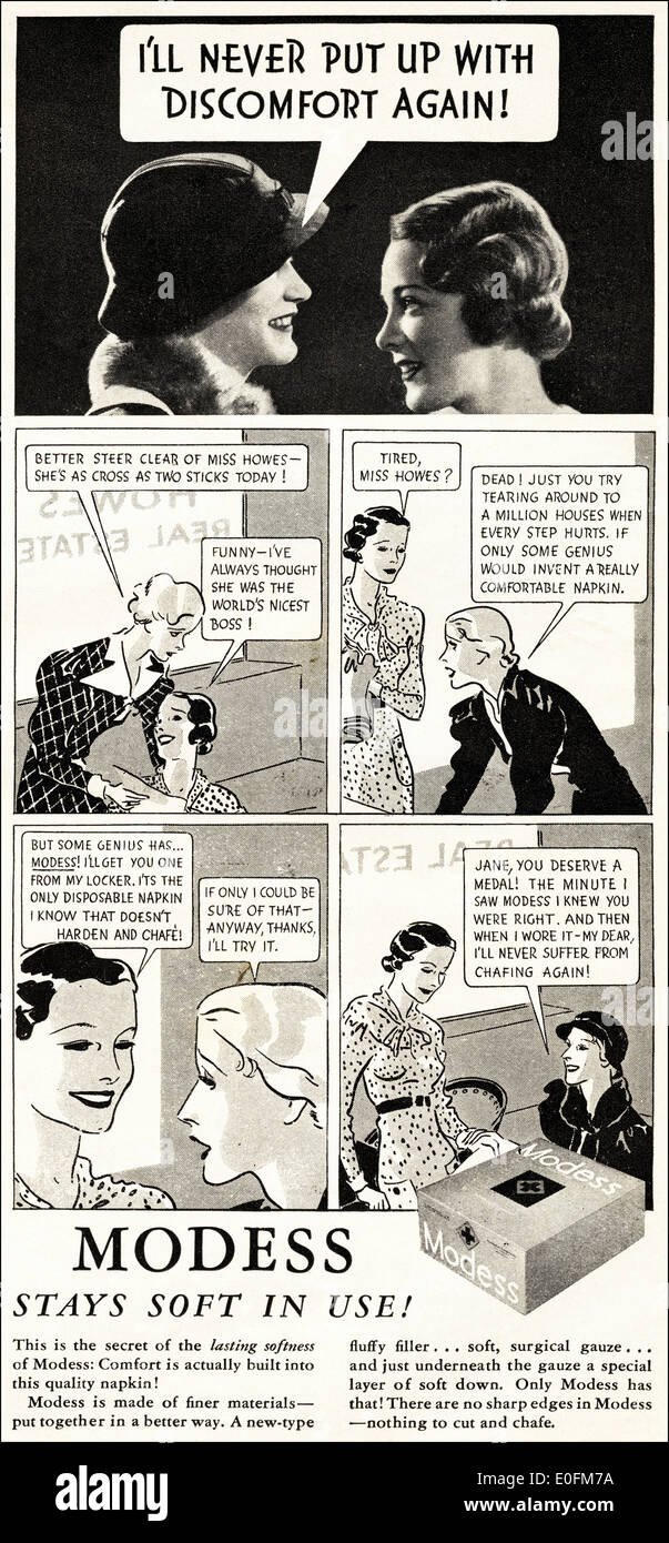1930s advertisement in storyboard format for MODESS sanitary towel in American magazine dated ...