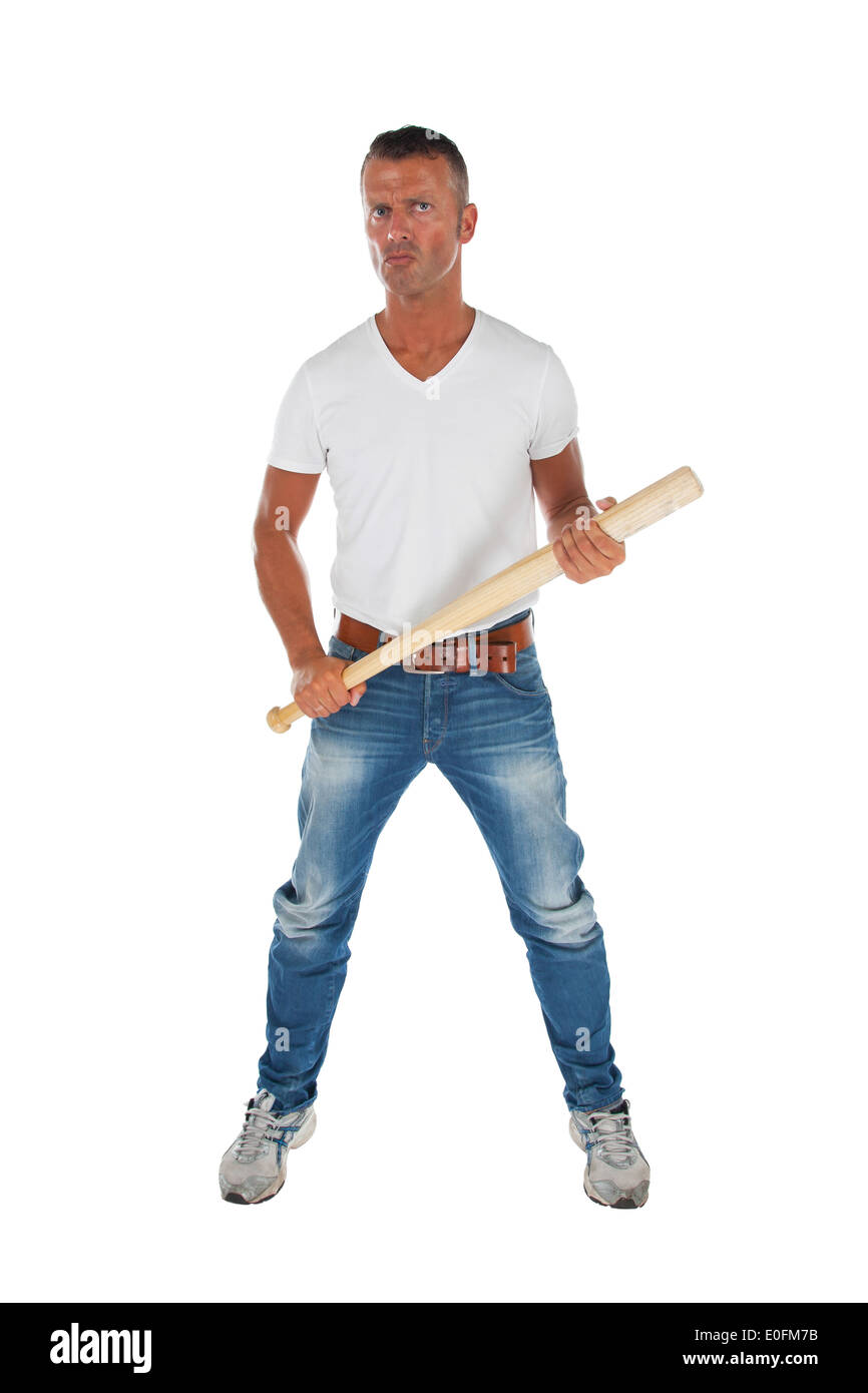 Angry looking man with bat, isolated on a white background Stock Photo ...