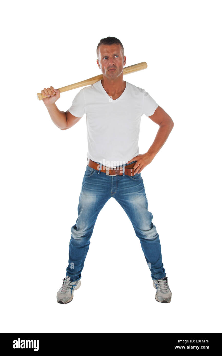 Angry looking man with bat, isolated on a white background Stock Photo ...