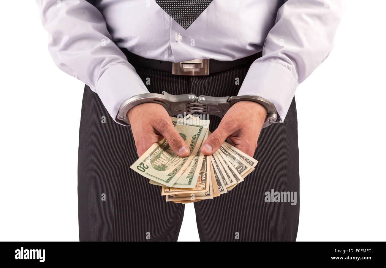 Business man in handcuffs arrested for bribe, isolated on white Stock ...