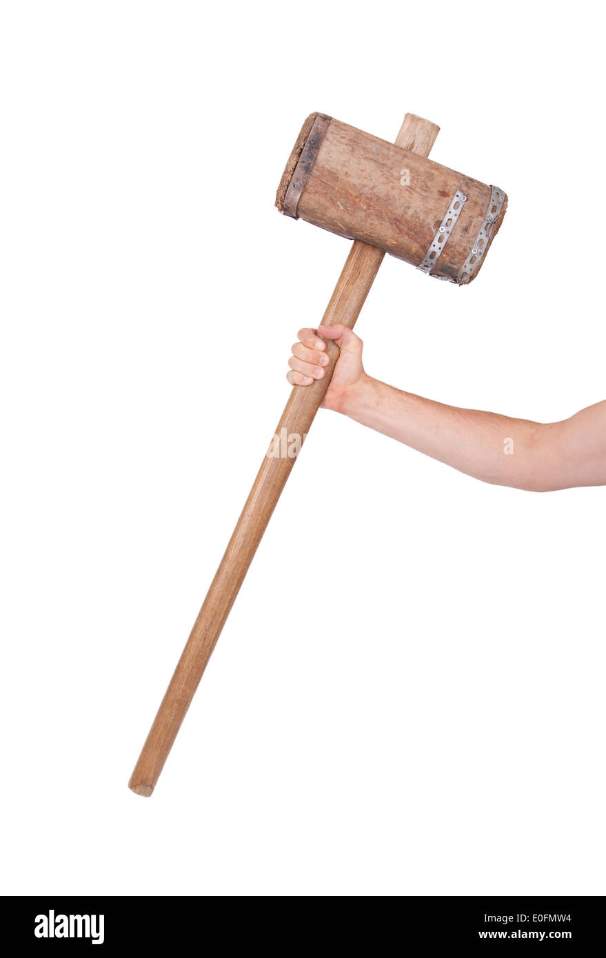 Man with very old wooden hammer isolated on a white background Stock ...