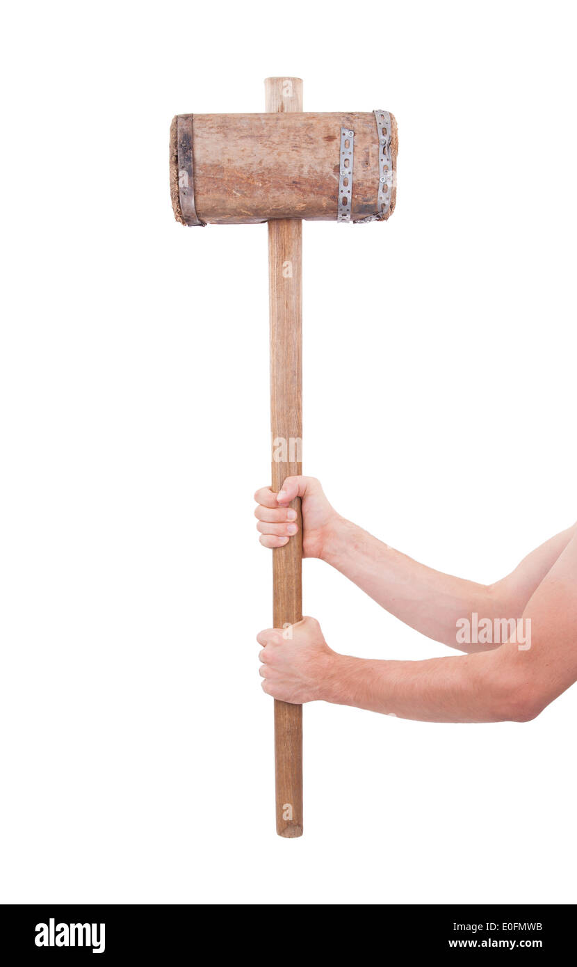 Man with very old wooden hammer isolated on a white background Stock ...