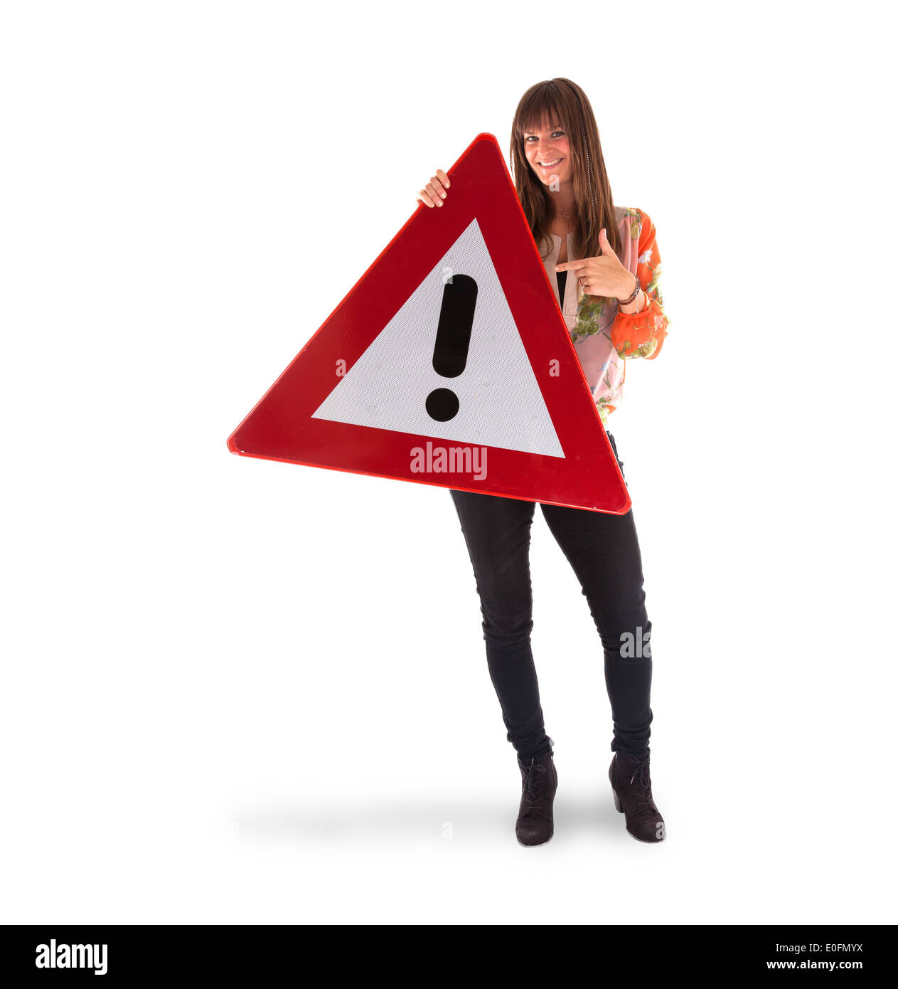 Concept of caution - Woman standing with caution sign, isolated on ...