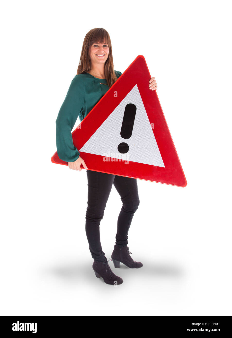 Concept of caution - Woman standing with caution sign, isolated on ...
