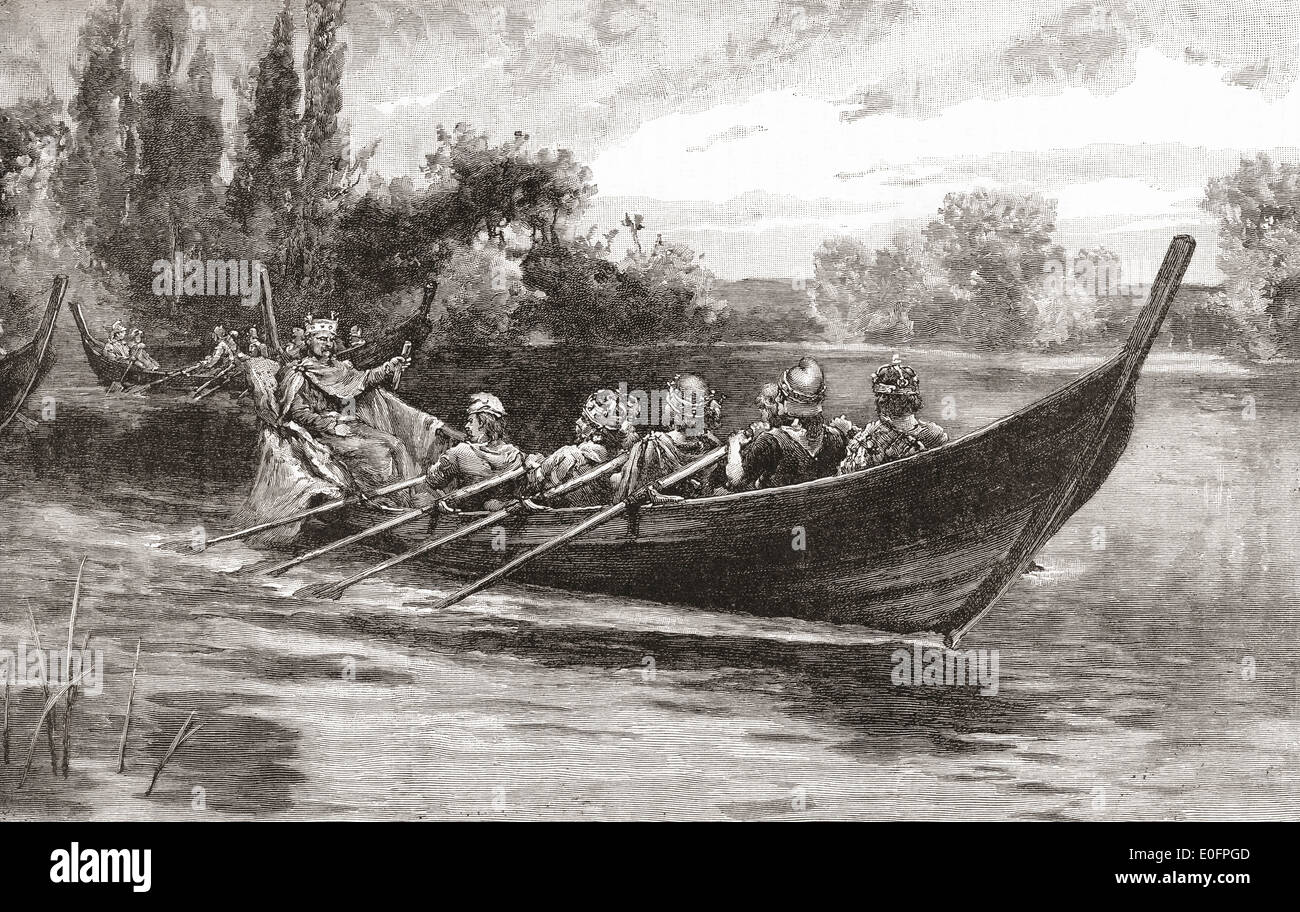 Edgar the Peaceful being rowed down the River Dee by eight kings Stock ...
