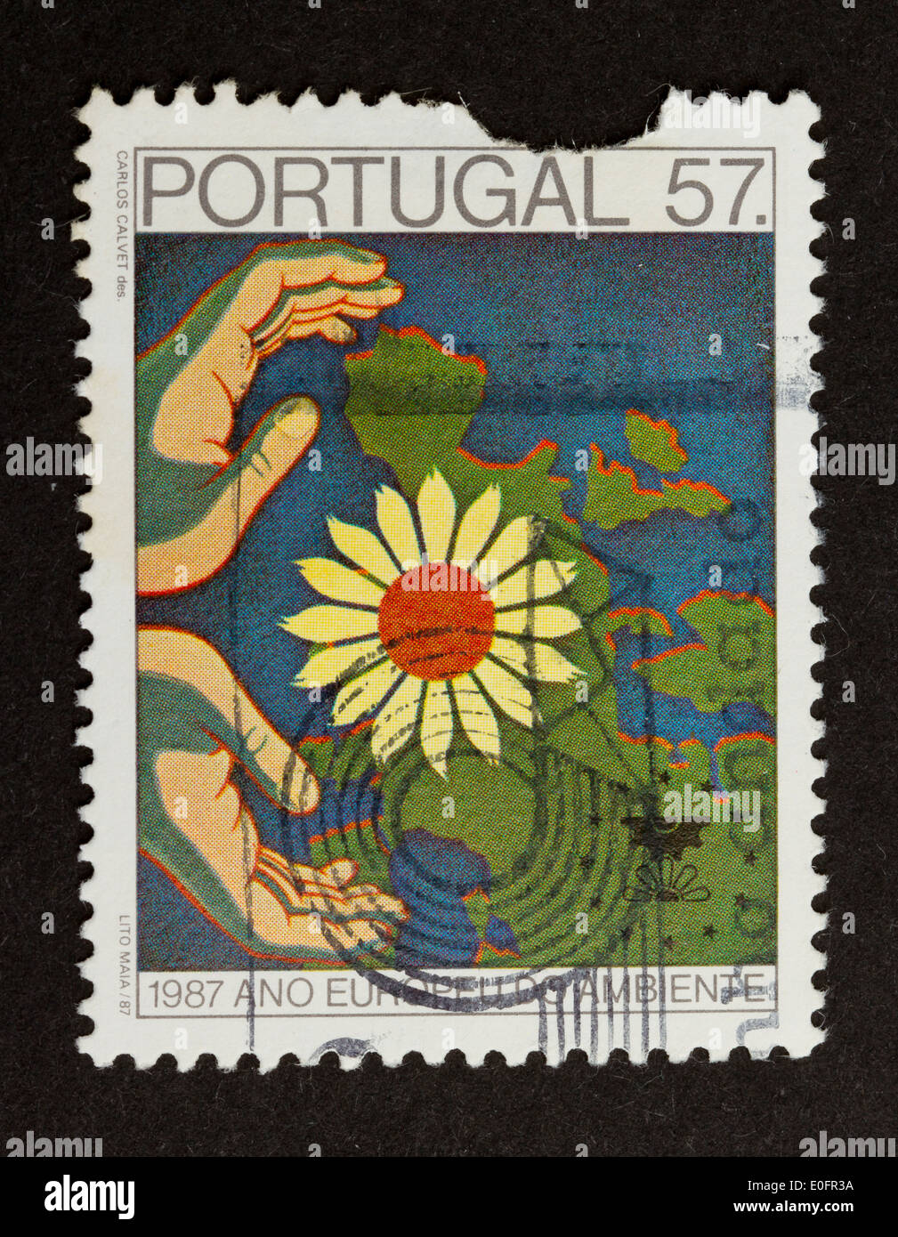 PORTUGAL - 1987: Stamp printed in Portugal shows a map of europe with a ...