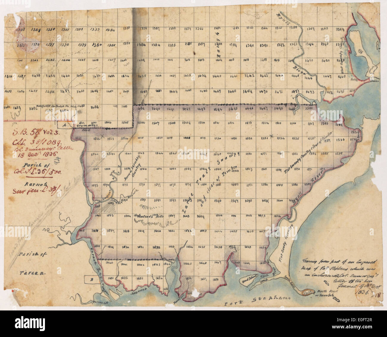 This image shows a tracing from an engraved map of Port Stephens in New ...