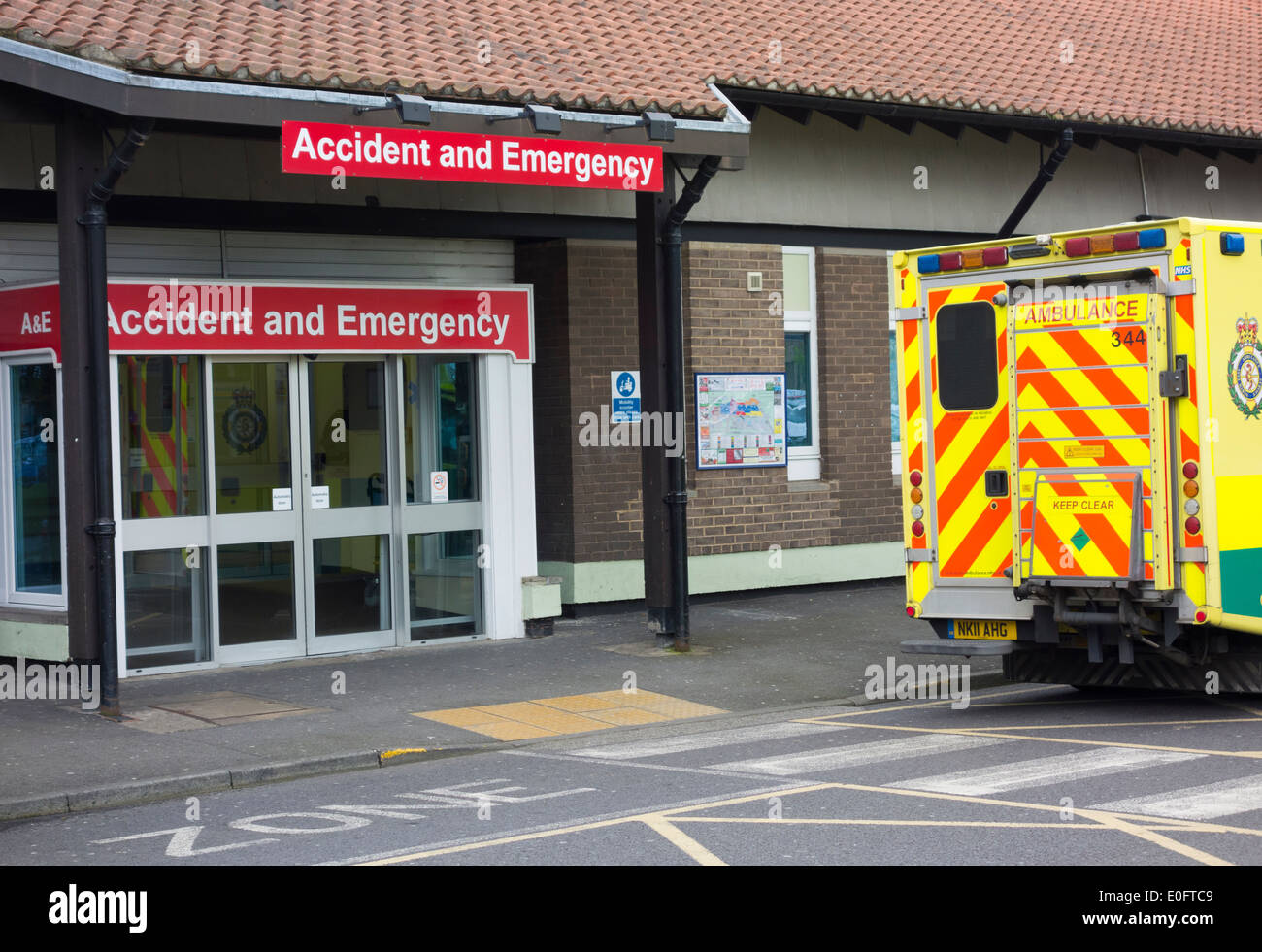 Ambulance outside North Tees hospital Accident & Emergency entrance. UK ...