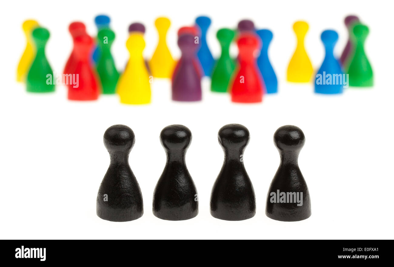 Four black pawns in front of a large group of different colored pawns ...