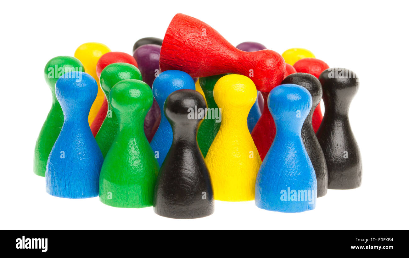 Red pawn is crowdsurfing over a collection of different colors of pawns ...