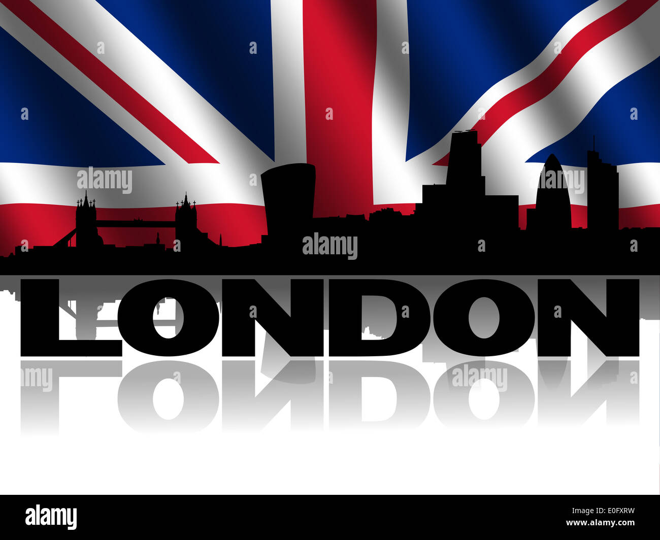 London skyline and text reflected with rippled British flag ...
