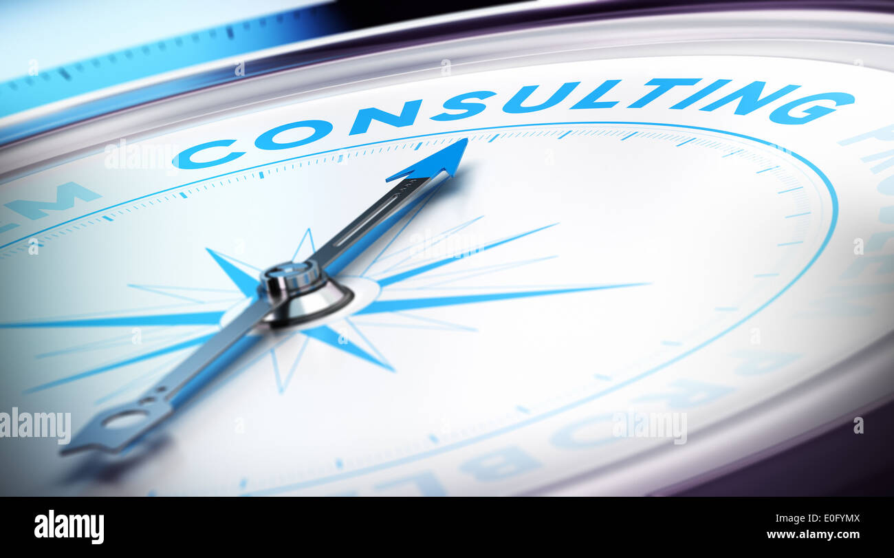 Compass with needle pointing the word consulting, blur effect and blue ...