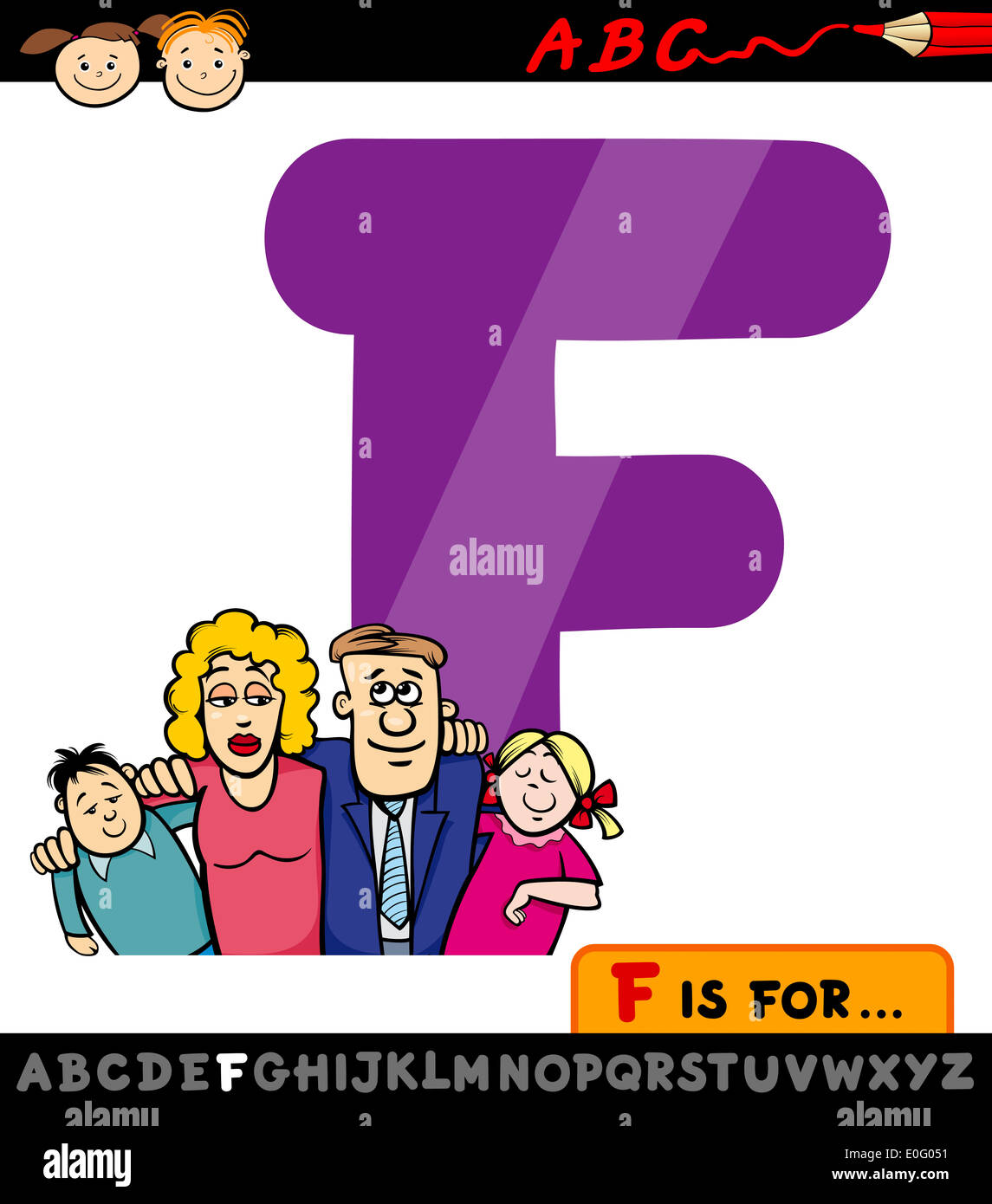 Cartoon Illustration of Capital Letter F from Alphabet with Family for ...