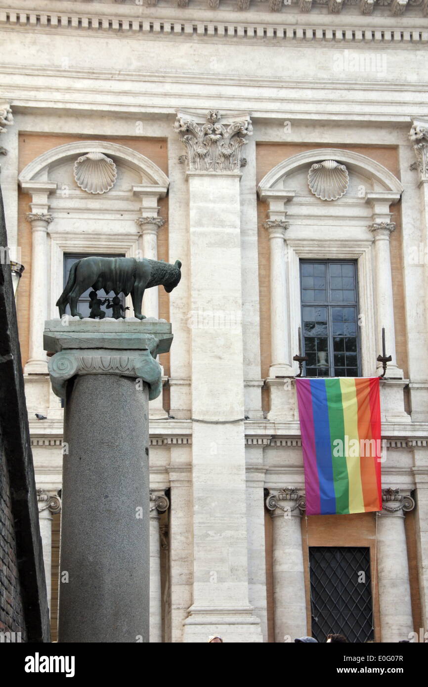 Rome Italy. 12th May 2014 Rainbow flag displayed at Campidoglio Rome ...