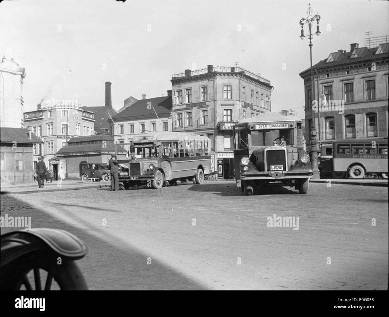 A historical street scene in Oslo, Norway, from 1930, showing daily ...