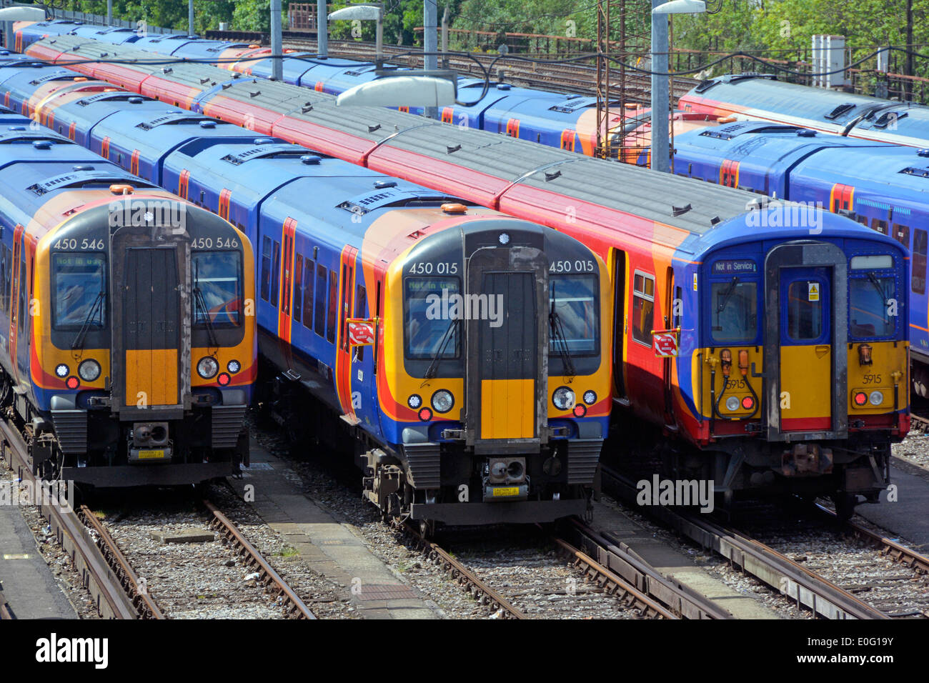 Part of South West Trains passenger fleet in depot adjacent to Stock ...