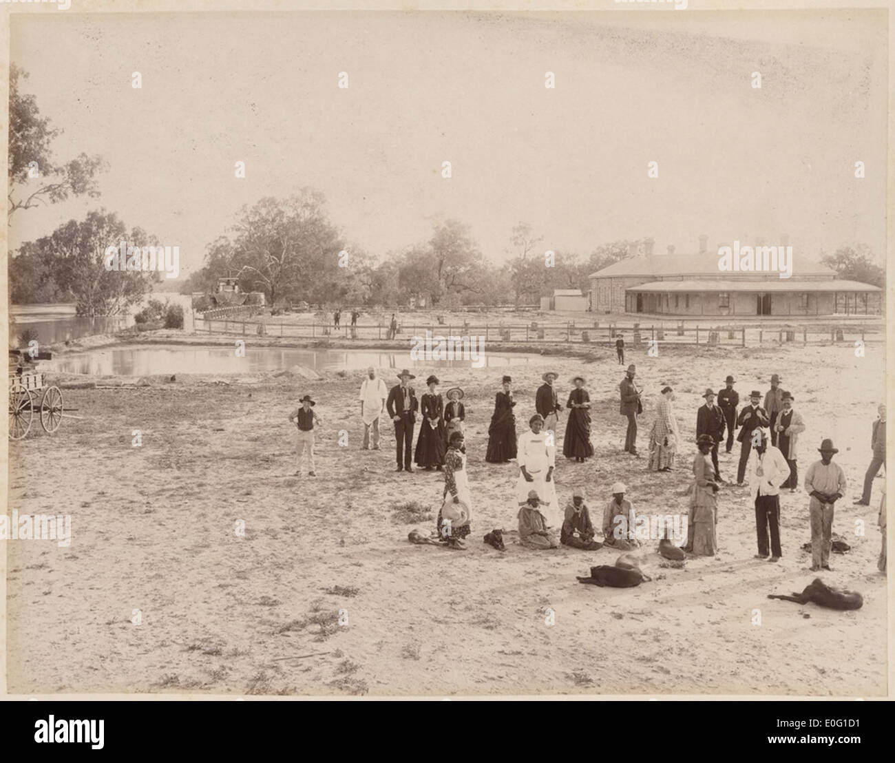 A historical photograph showing people at the Dunlop Station homestead ...