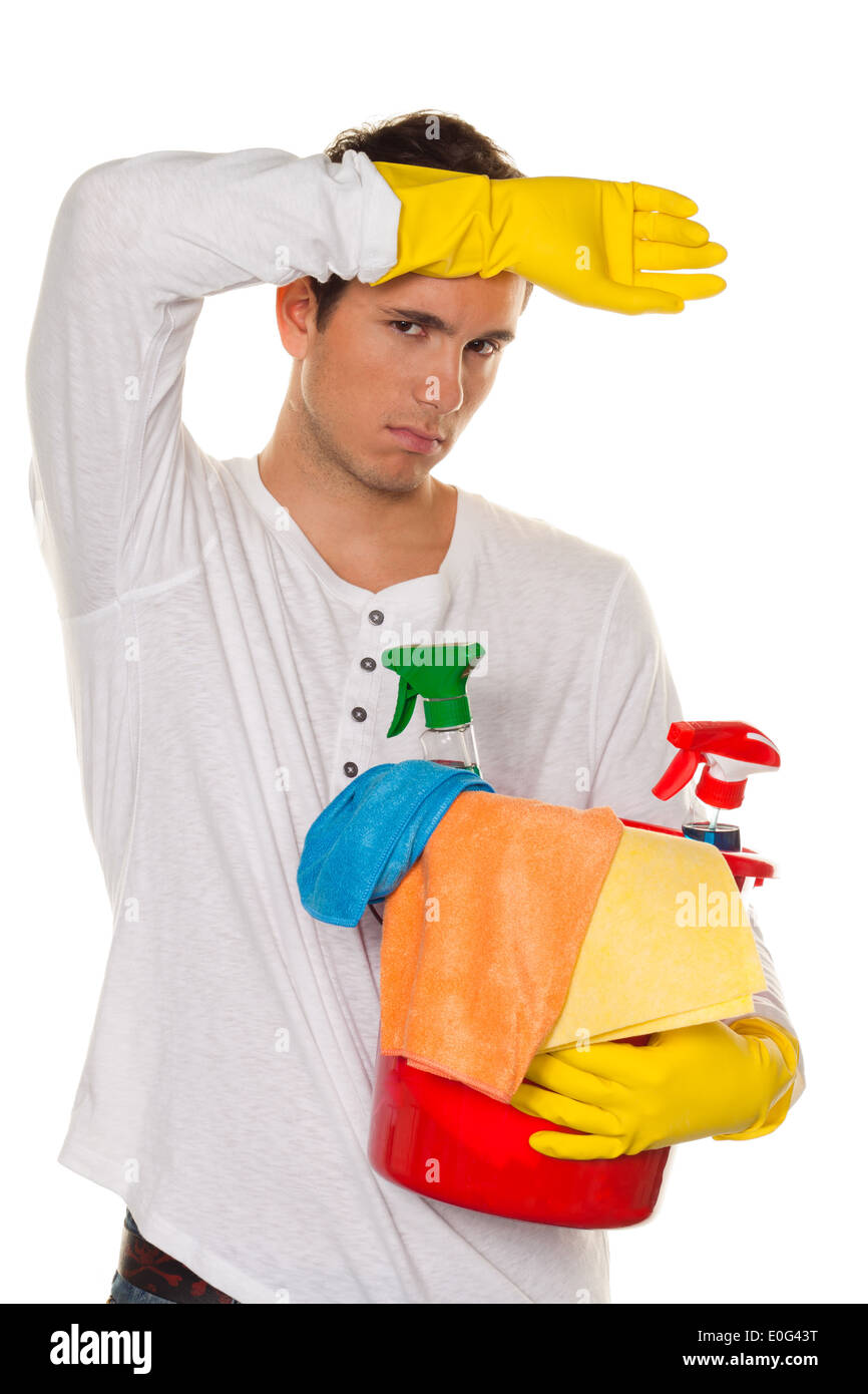 Man with cleaning material. Cleaning of the flat. Househusband in the ...