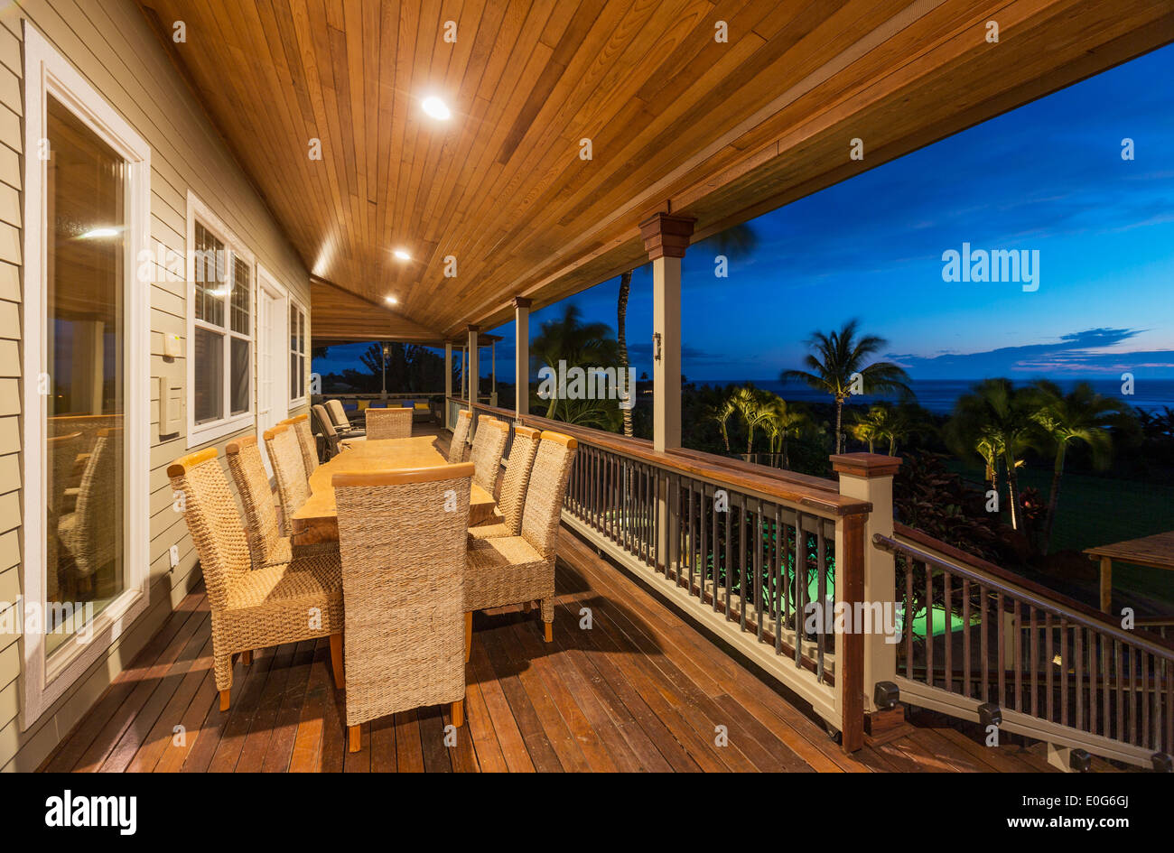 Beautiful Home Exterior Patio Deck and Dining Table with Sunset View ...