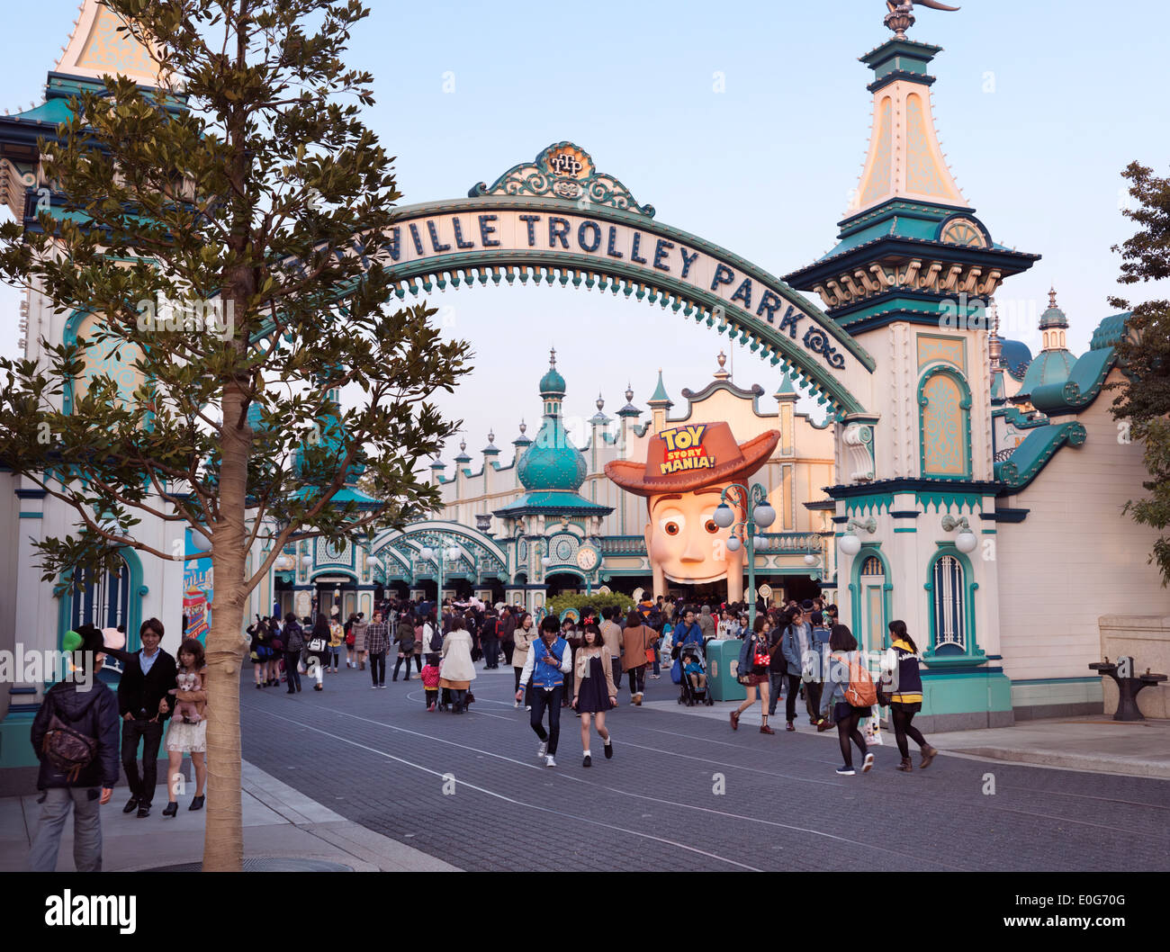 People at Toyville trolley park, Toy Story themed attraction at Tokyo ...