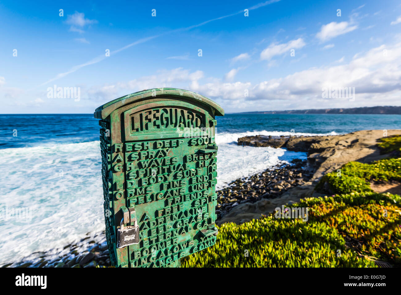 Lifeguard lock box above Boomer Beach. Seals lying on the sand at the ...