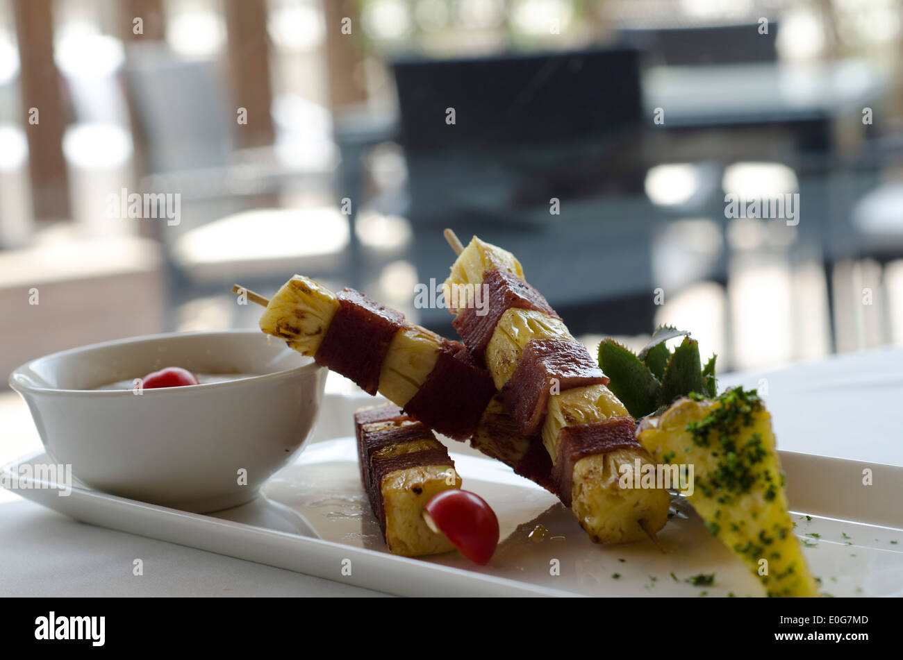 Skewered Potato and Ham, grilled and served with a sweet and piquant ...