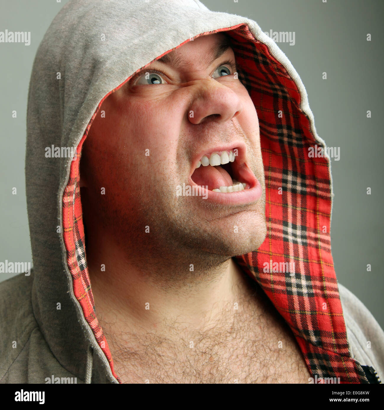 Close-up Portrait of adult man of angry man screaming isolated on gray ...