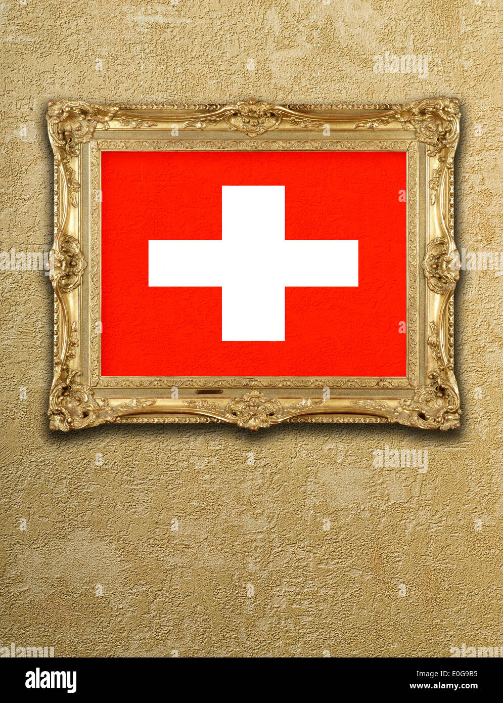 Flag from Switzerland exposition in gold frame on textured wall Stock ...