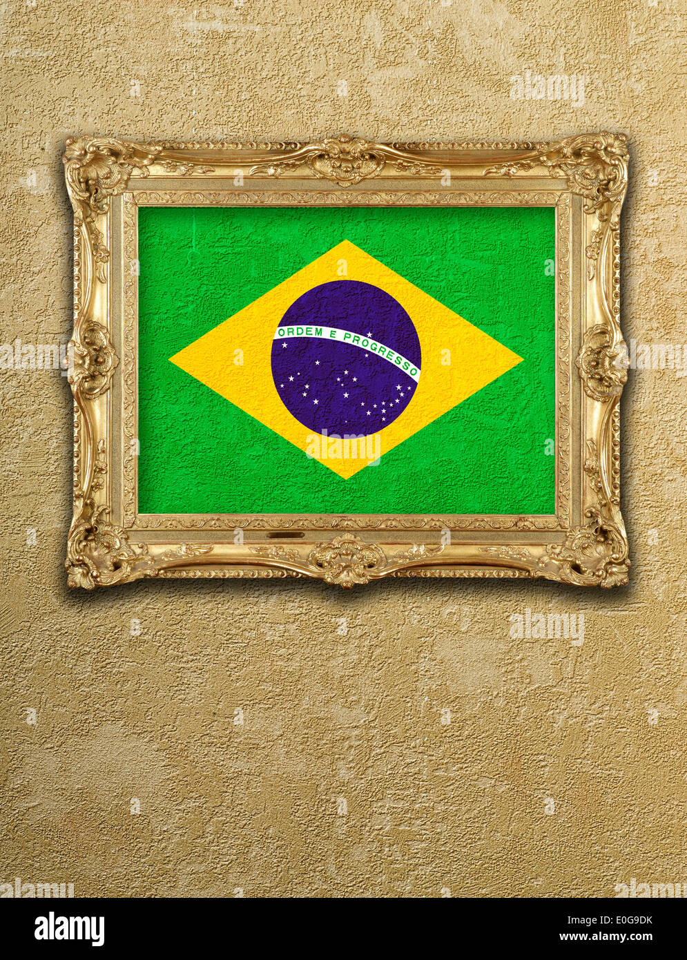 Flag from Brazil exposition in gold frame on textured wall Stock Photo ...