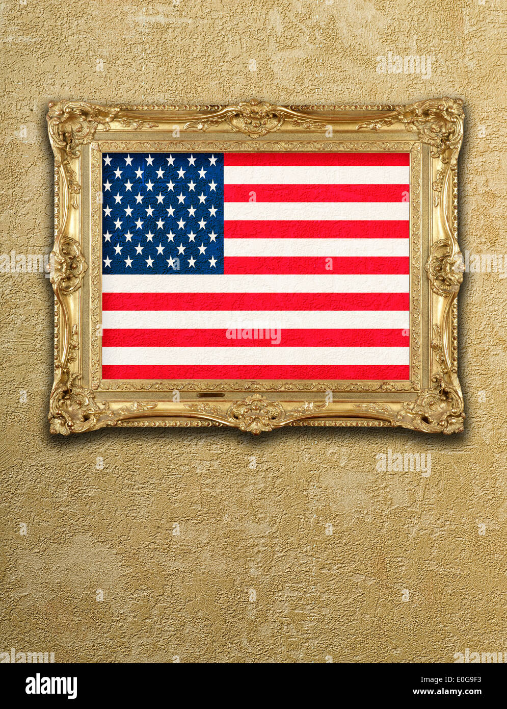 Flag from USA exposition in gold frame on textured wall Stock Photo - Alamy