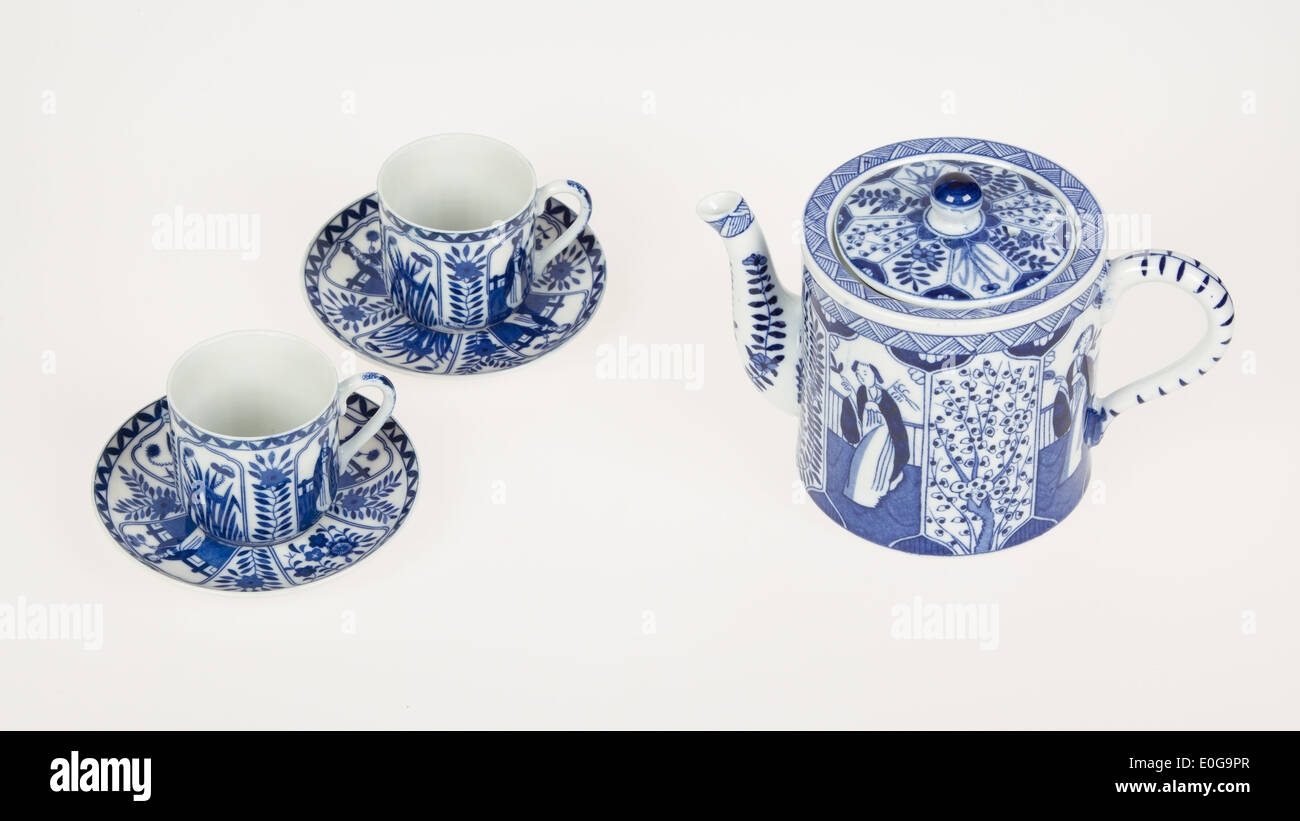 Antique Dutch teapot and cup in Delfts blue, Holland, isolated on white ...