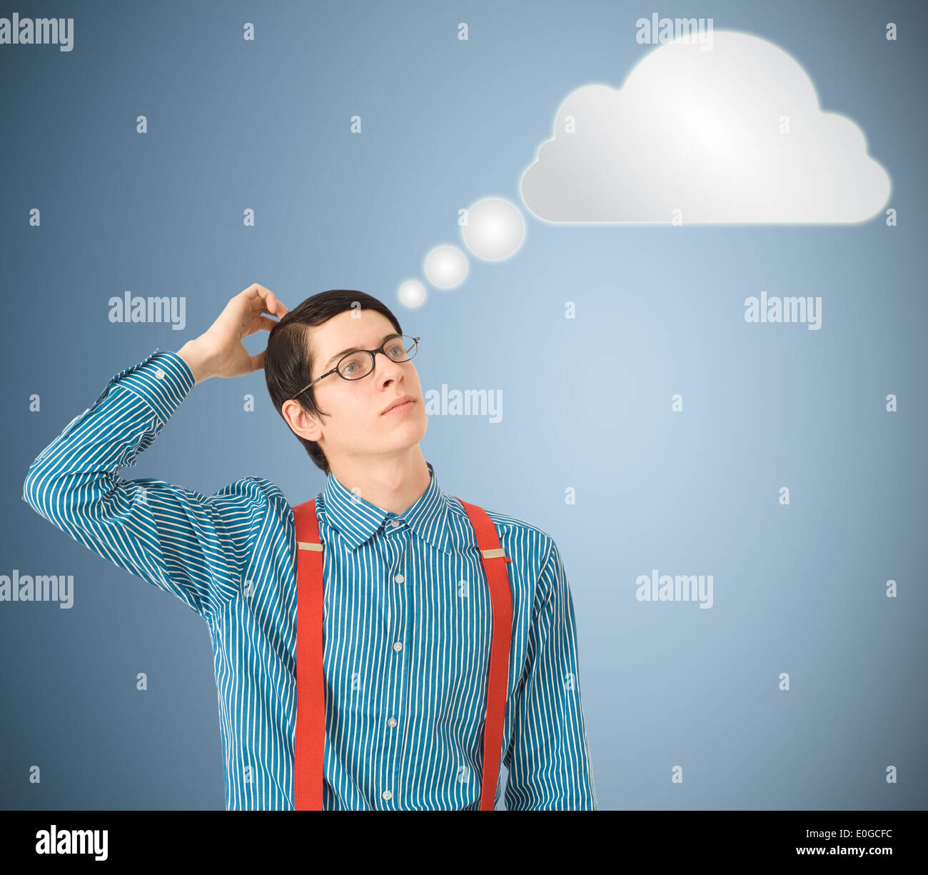 Nerd geek businessman student or teacher with thought thinking cloud or ...