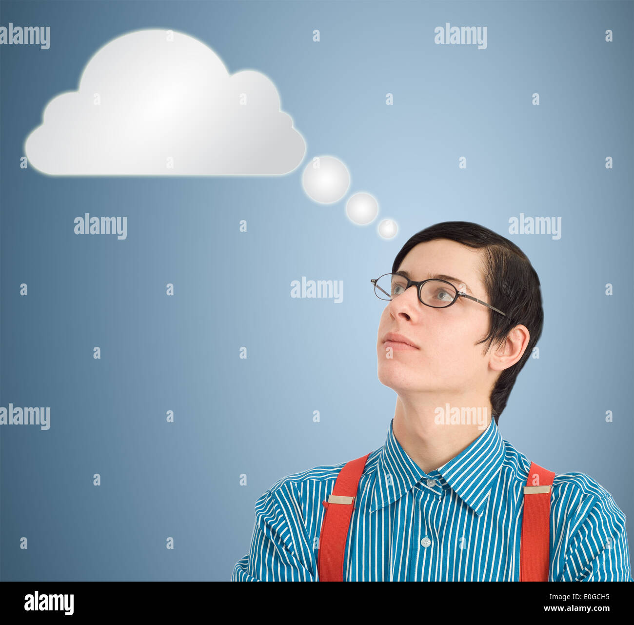 Nerd geek businessman student or teacher with thought thinking cloud or ...