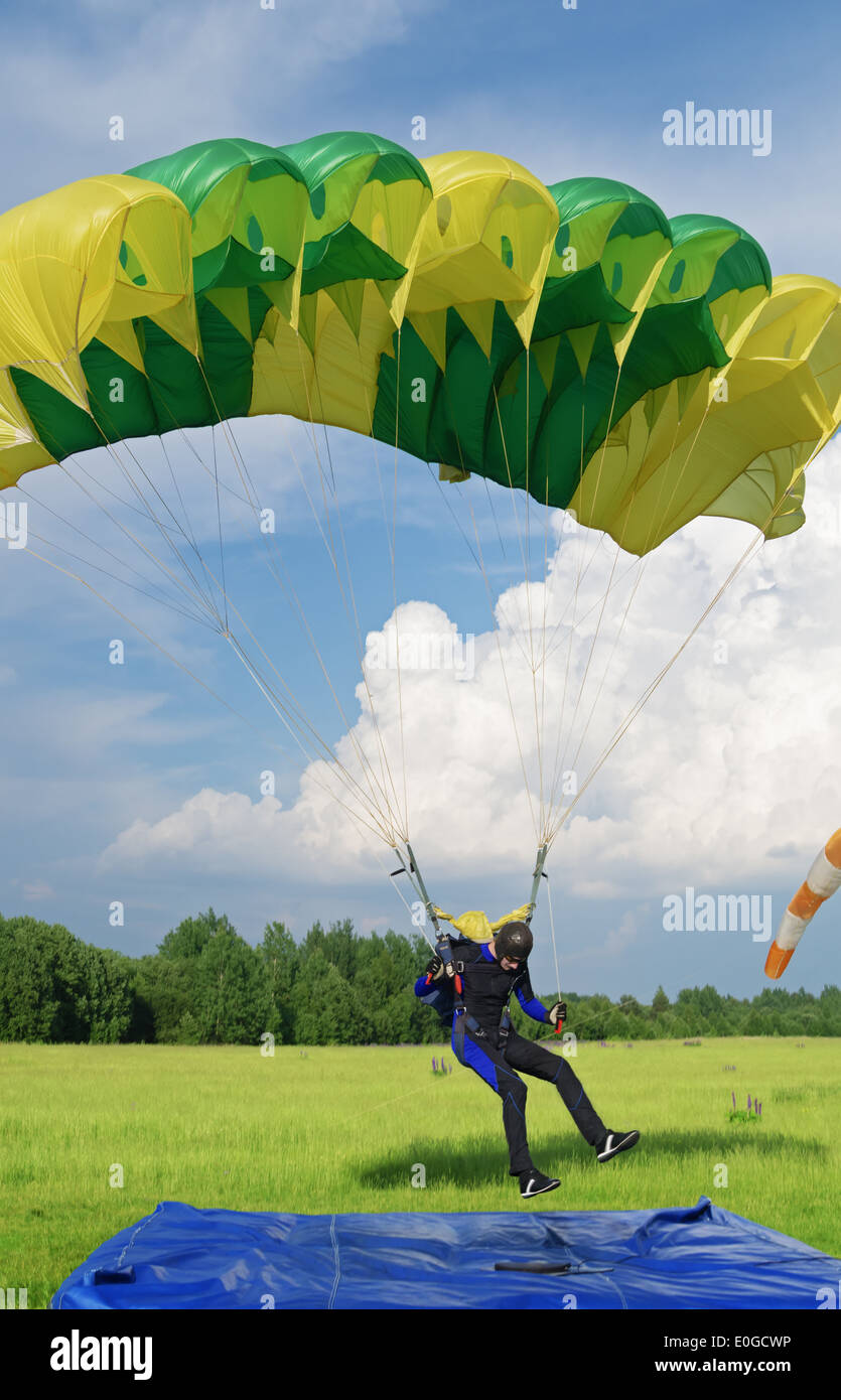 One day with parachutist in airfield. The skydiver landing under green ...