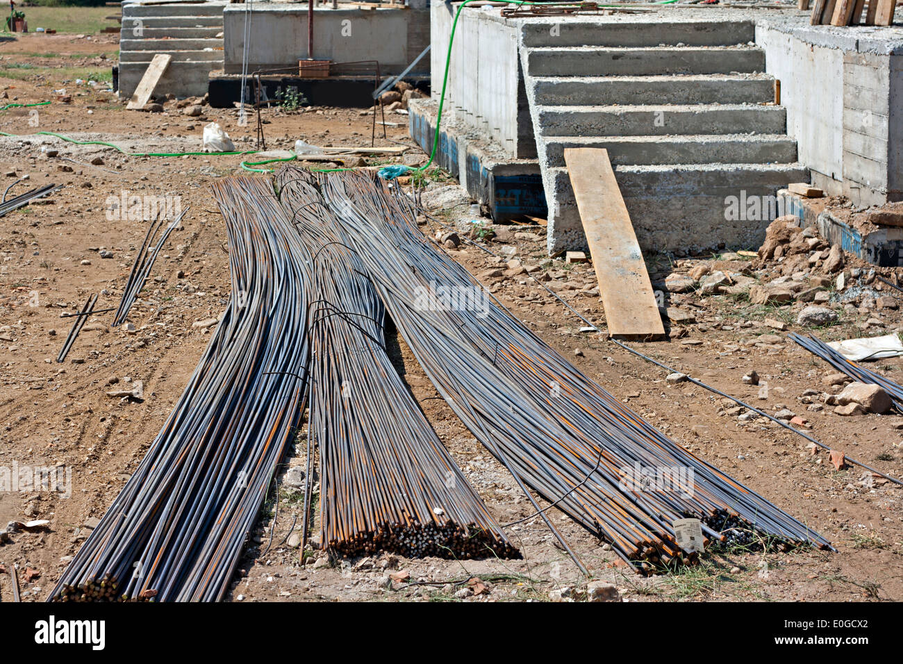 Steel concrete reinforcing rods laying on building site floor Stock ...