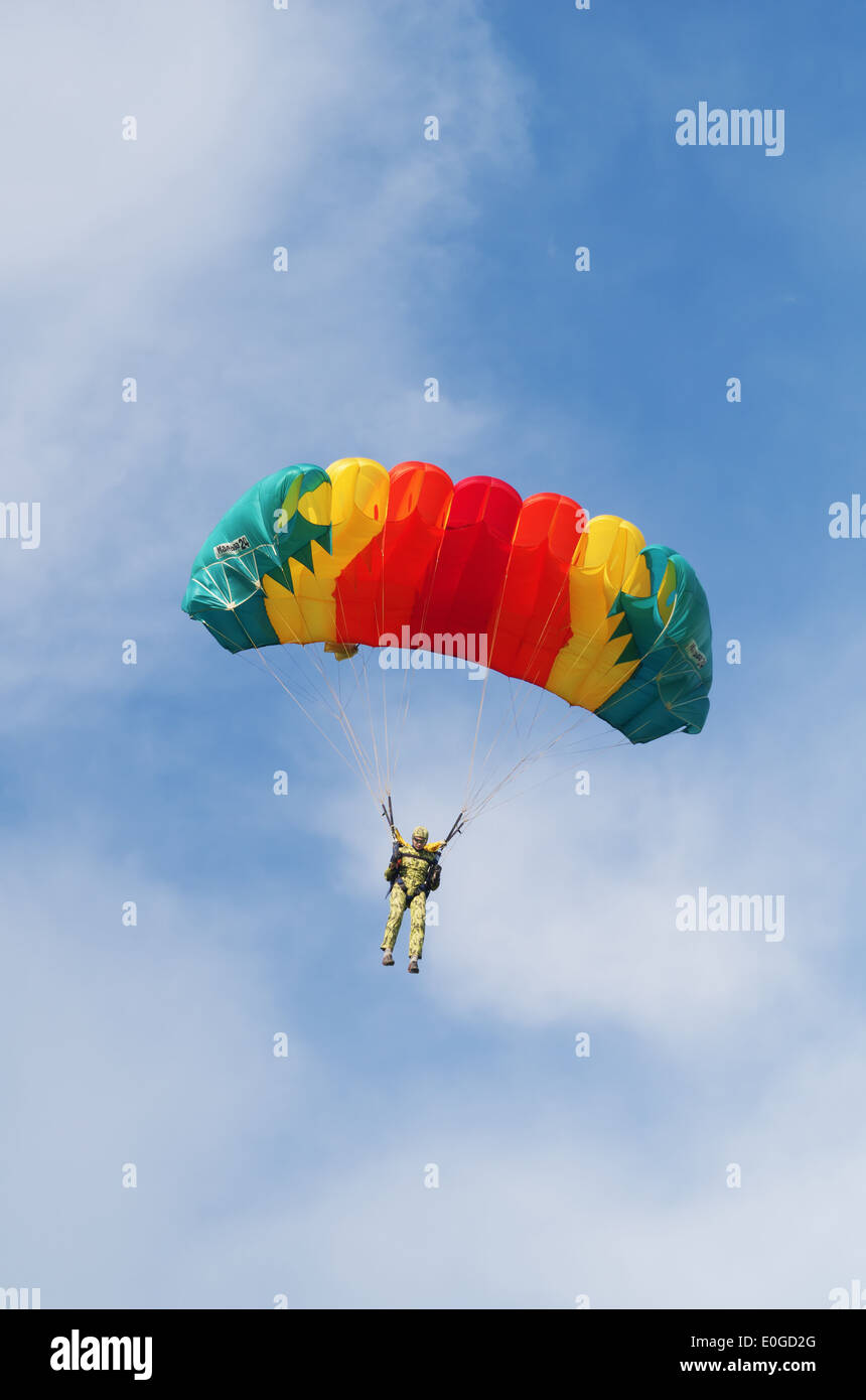 One day with parachutist in airfield. The skydiver landing under green ...