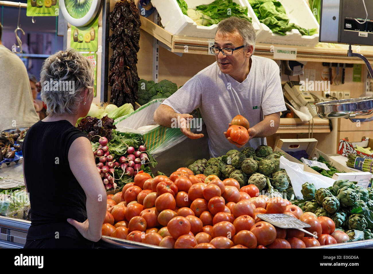 Vegetable stall, market hall Mercado Central, Province Valencia ...
