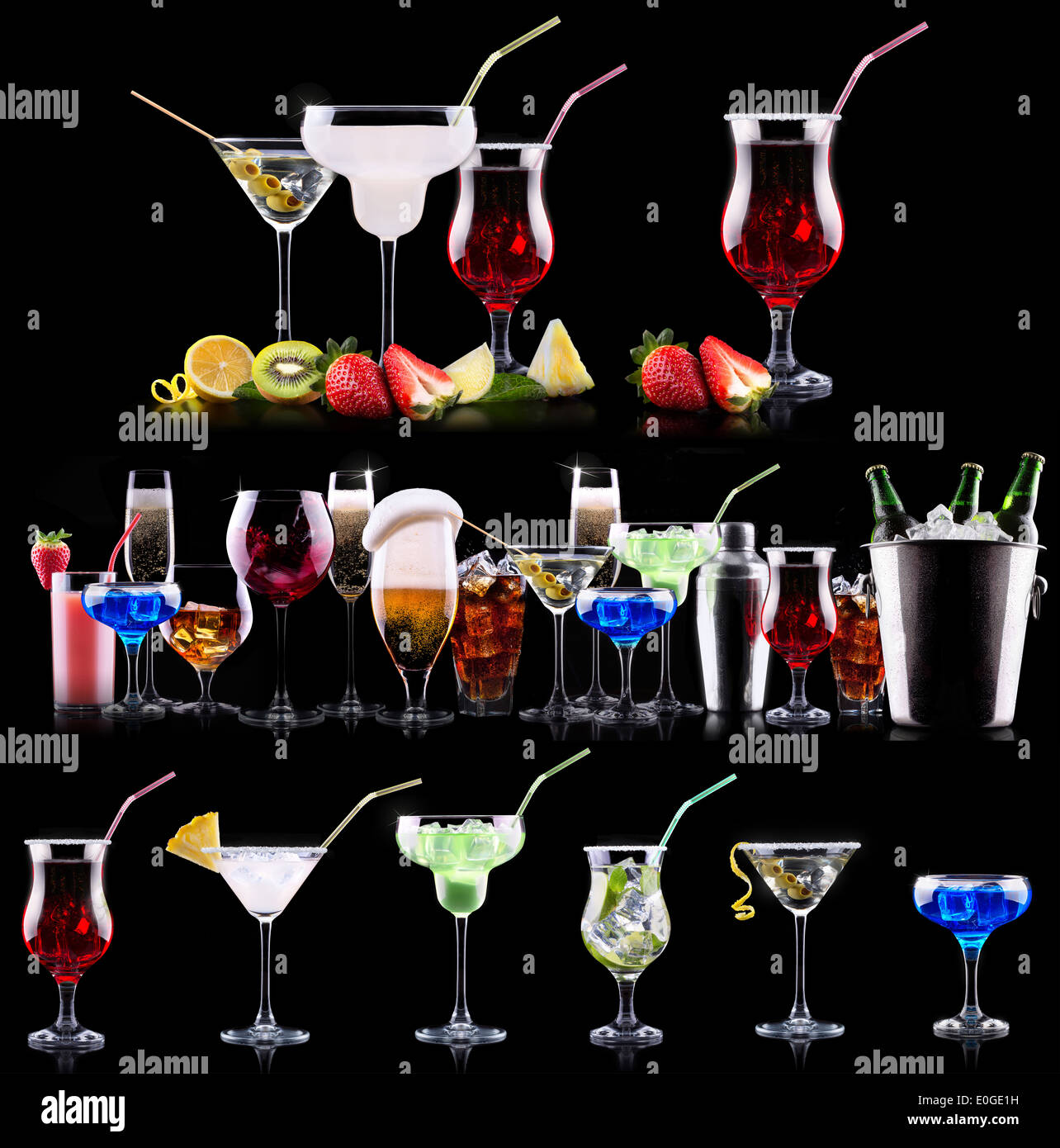 different alcohol drinks set - beer, wine, cocktail,juice, champagne ...