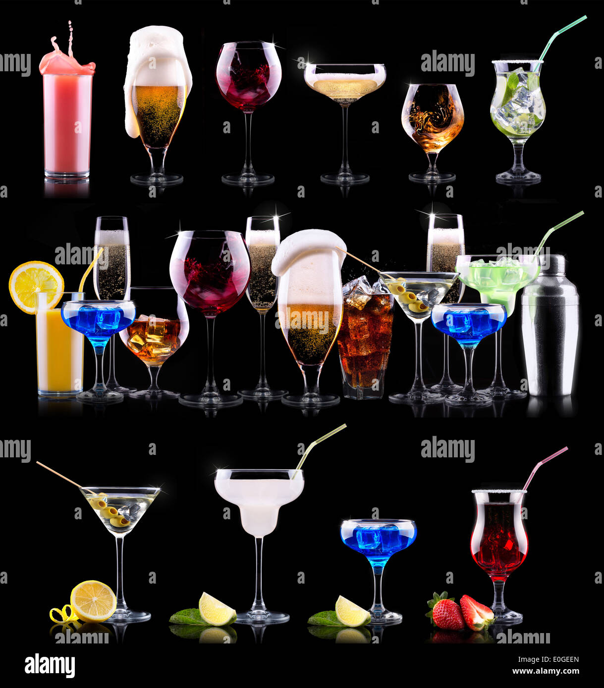 different alcohol drinks set - beer, wine, cocktail,juice, champagne ...