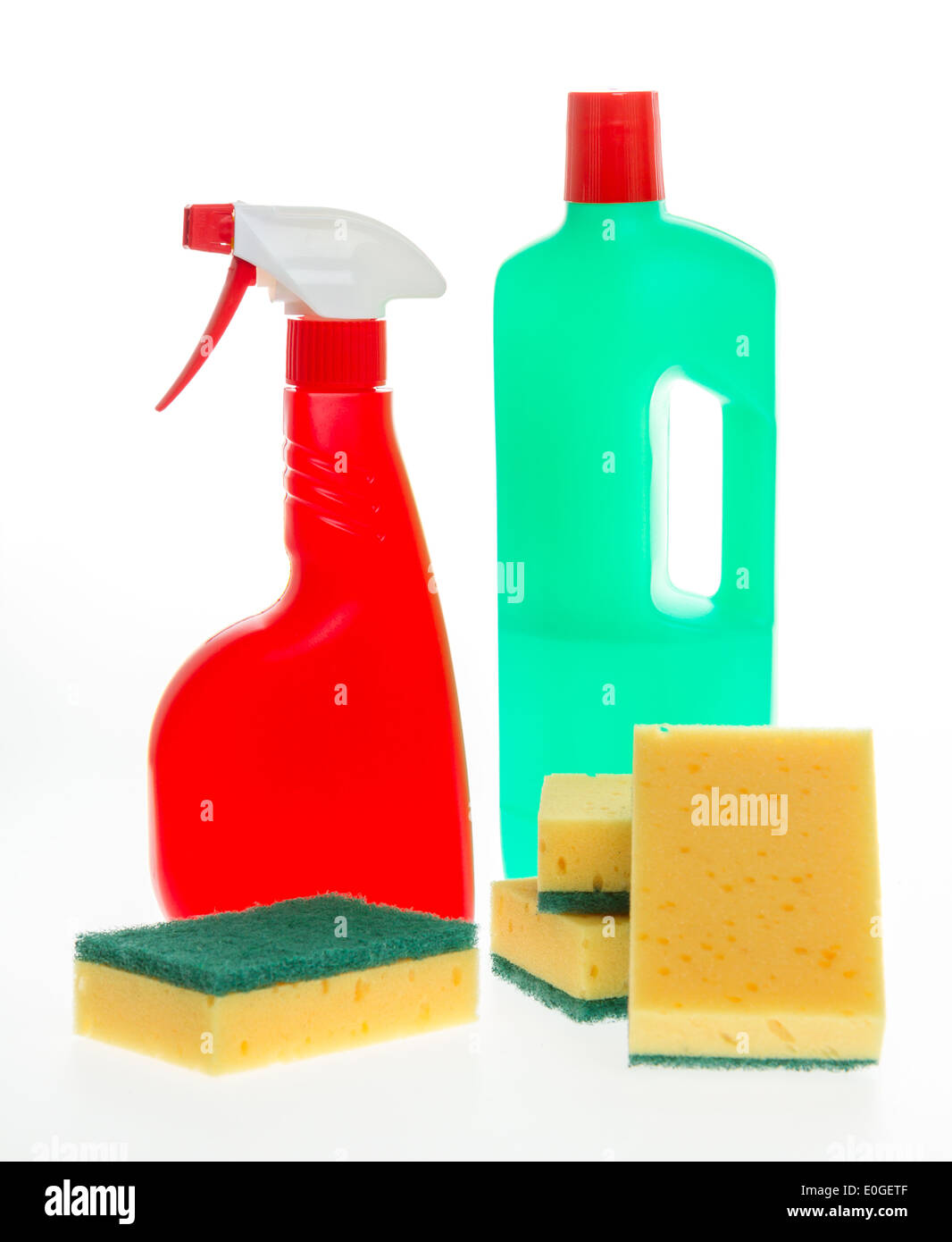 House cleaning product. Plastic bottles with detergent and sponge ...