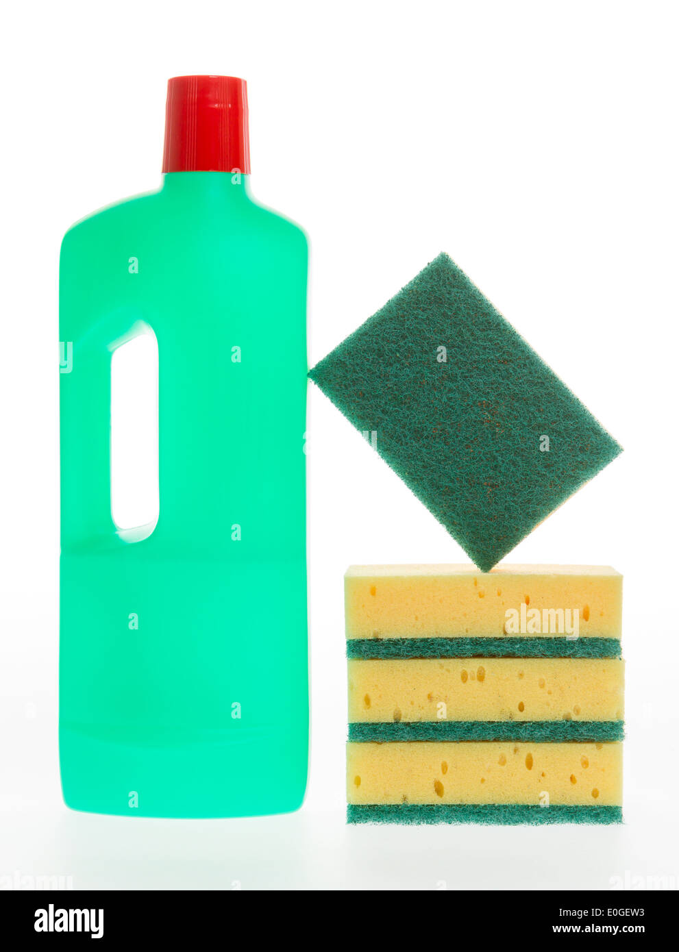 House cleaning product. Plastic bottles with detergent and sponge ...