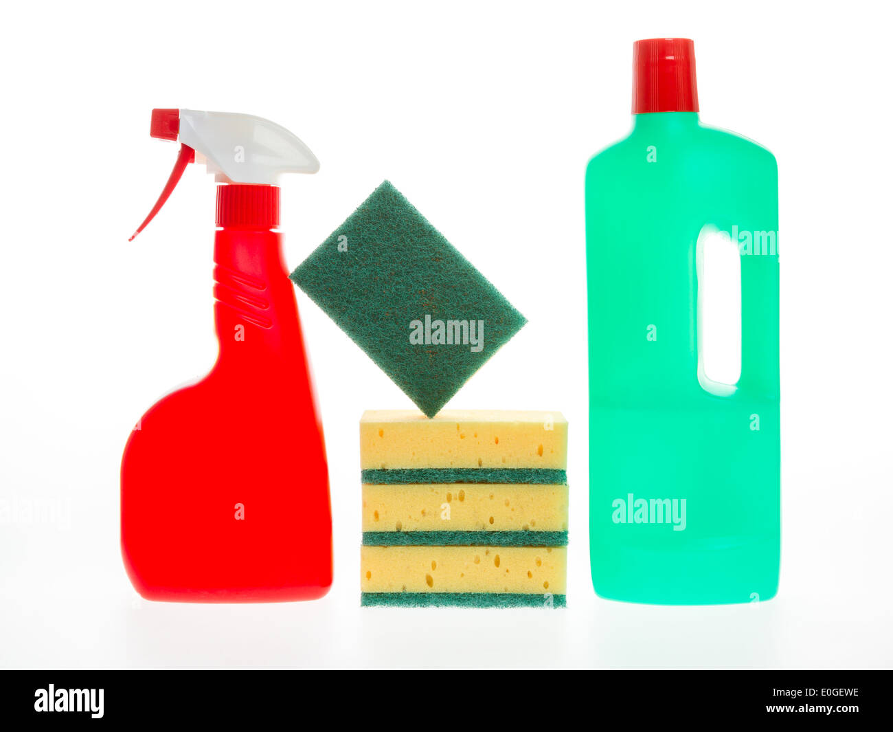 House cleaning product. Plastic bottles with detergent and sponge ...