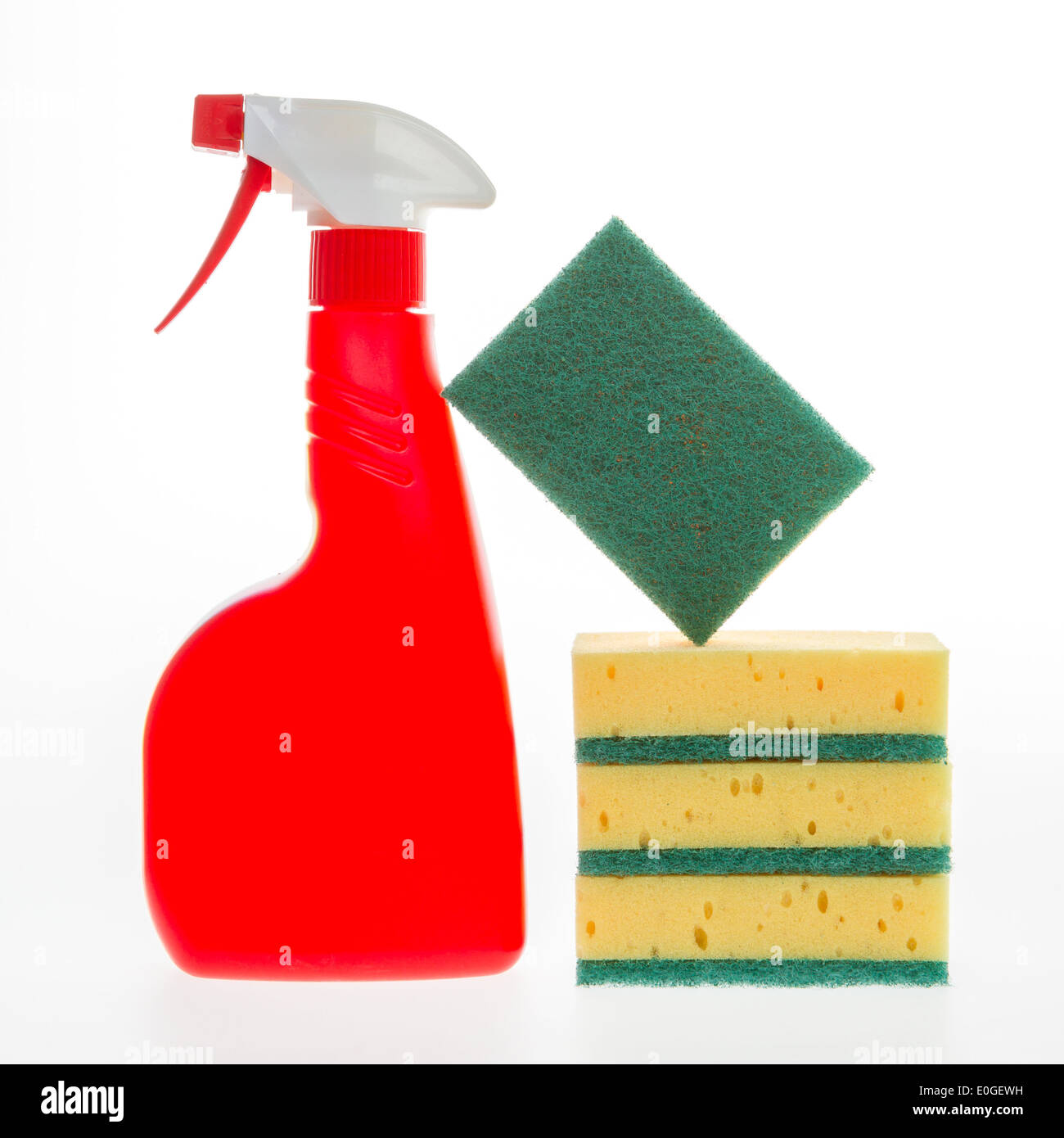 House cleaning product. Plastic bottles with detergent and sponge ...