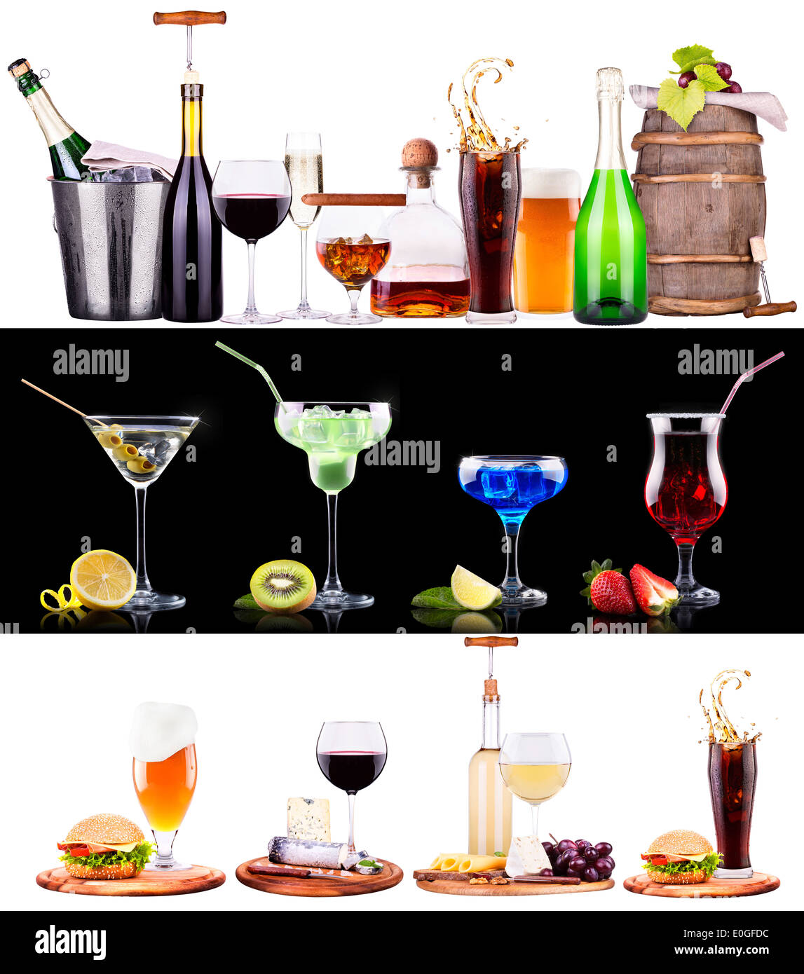 different alcohol drinks set - beer, wine, cocktail,juice, champagne ...