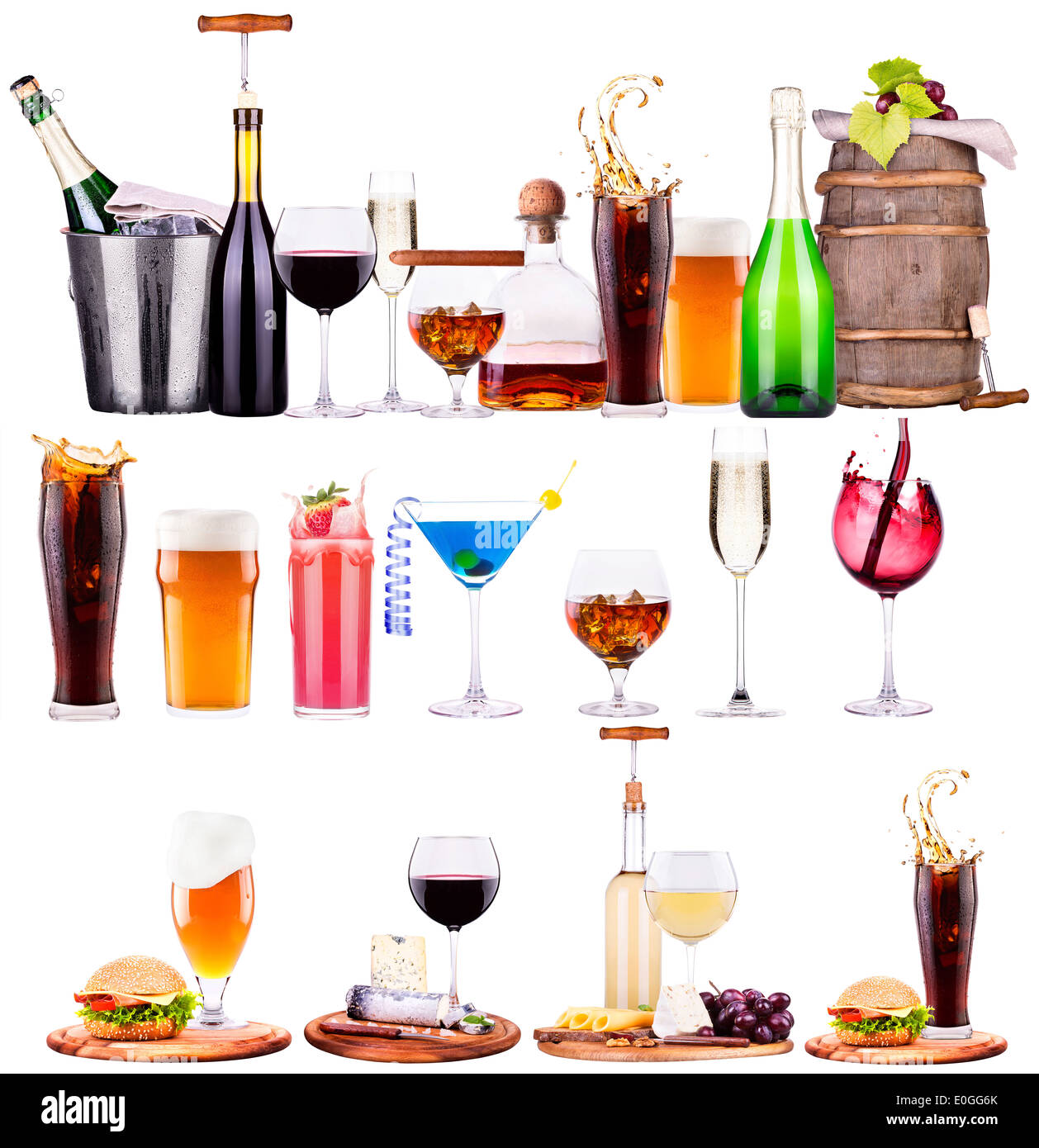 different alcohol drinks set - beer, wine, cocktail,juice, champagne ...