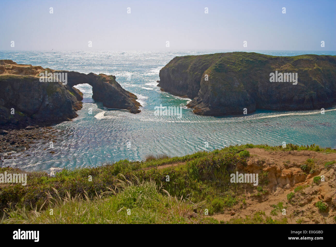 View of rock arch at the coast, Mendocino Headland State Park, Highway ...