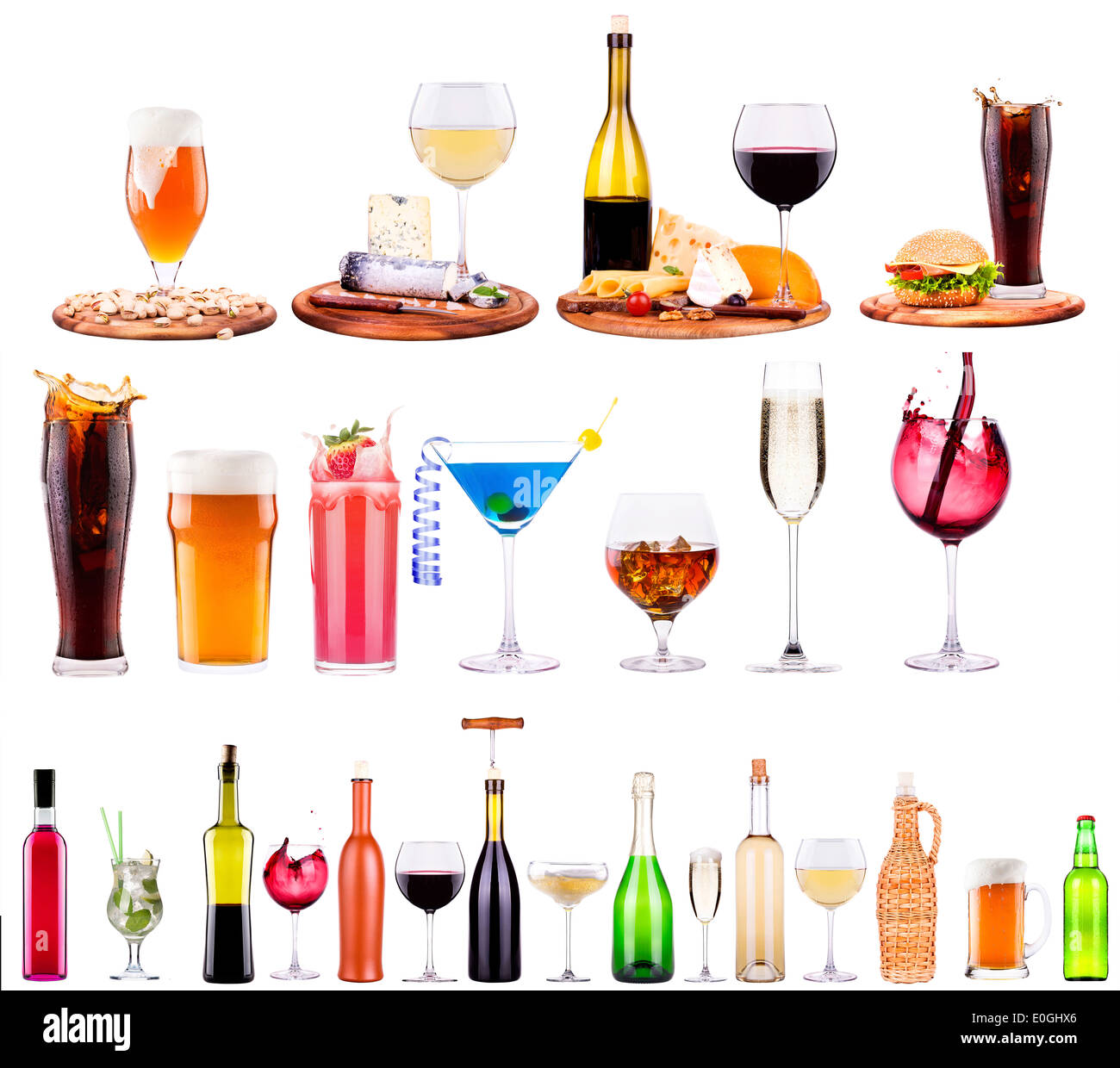 different alcohol drinks set - beer, wine, cocktail,juice, champagne ...