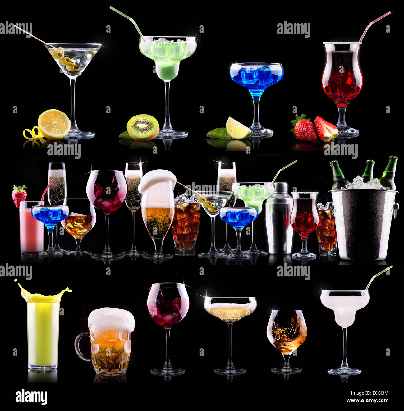 different alcohol drinks set - beer, wine, cocktail,juice, champagne ...