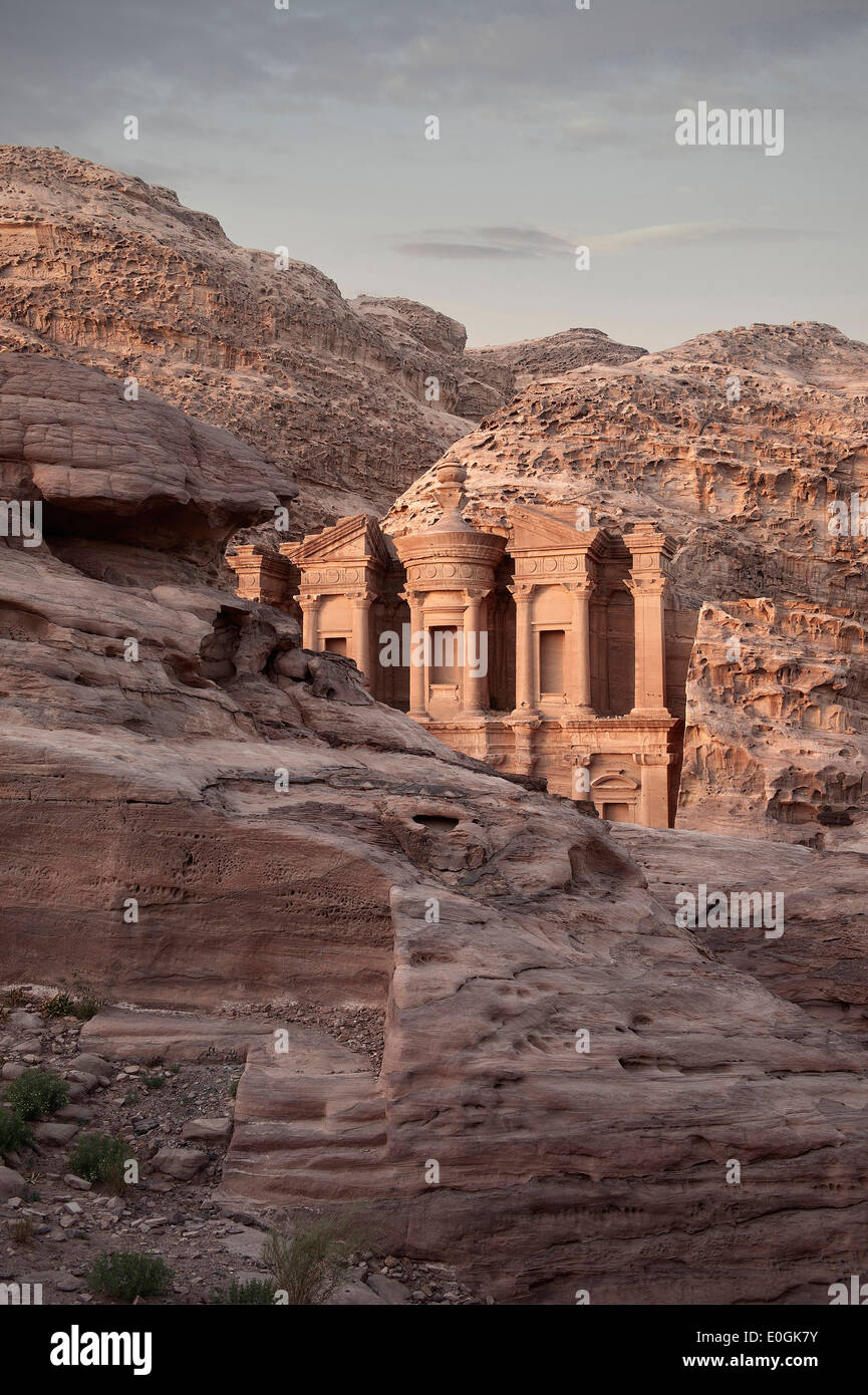 The monastery Ad Deir carved out of stone in the evening light, Petra ...